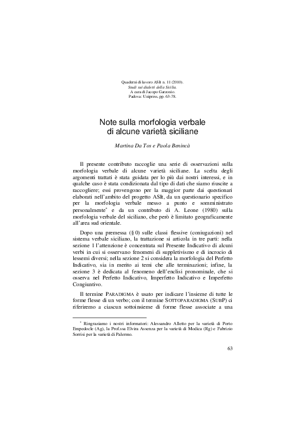 (PDF) Note sulla morfologia verbale di alcune varietà siciliane