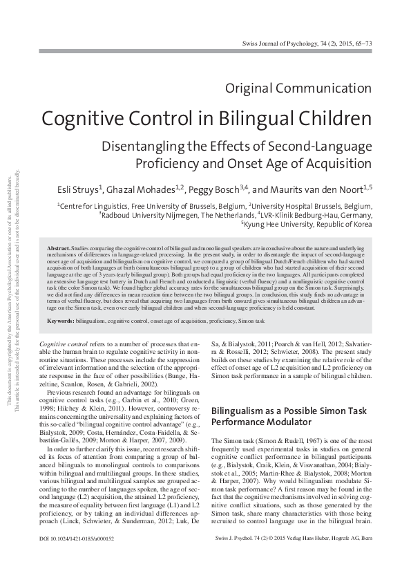 (PDF) Cognitive Control in Bilingual Children Disentangling the Effects ...