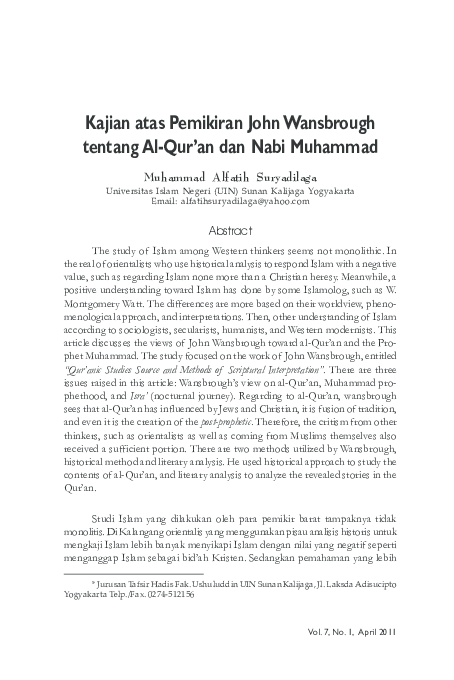 (PDF) Kajian atas Pemikiran John Wansbrough tentang Al-Qur'an dan Nabi ...