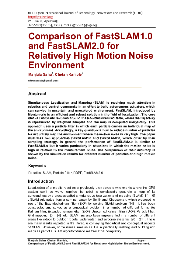(PDF) Comparison of FastSLAM1.0 and FastSLAM2.0 for Relatively High Motion Noise Environment