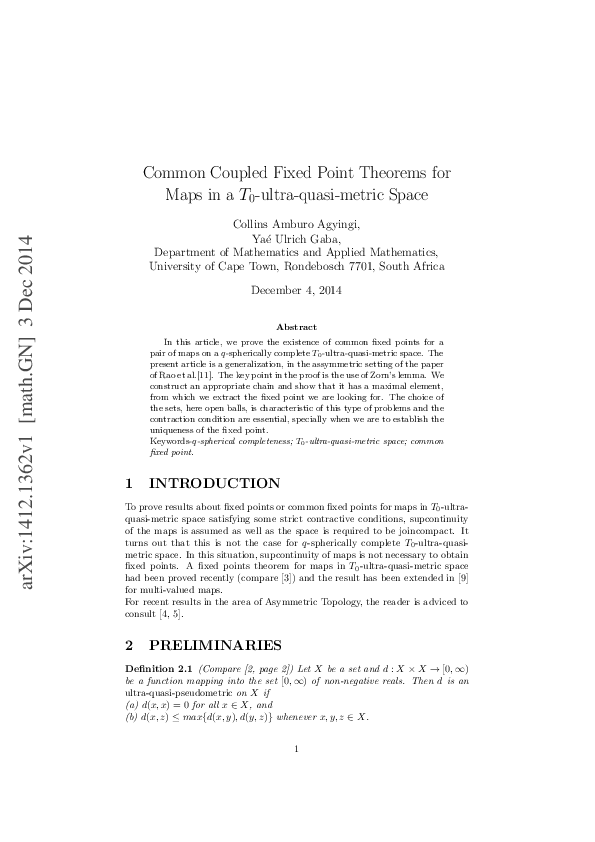 Pdf Common Coupled Fixed Point Theorems For Maps In A T0 Ultra Quasi Metric Space Yae 