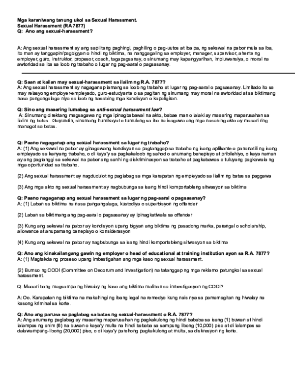 (DOC) Mga karaniwang tanung ukol sa Sexual Harassment. Sexual ...