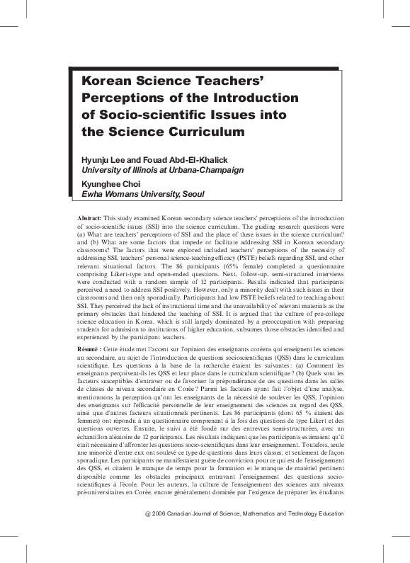 (PDF) Korean science teachers’ perceptions of the introduction of socio ...