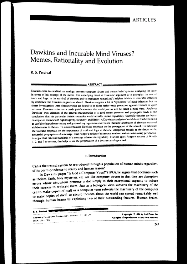 (PDF) Dawkins and Incurable Mind Viruses? Memes, Rationality and Evolution.