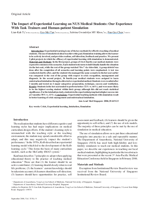 (PDF) The impact of experiential learning on NUS medical students: Our ...