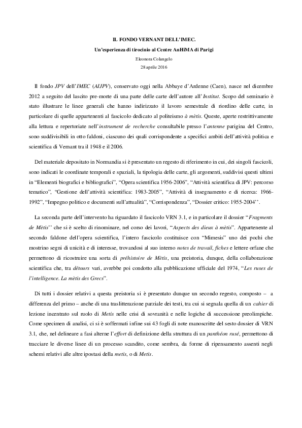 (DOC) IL FONDO VERNANT DELL'IMEC. Un'esperienza di tirocinio al Centre ...