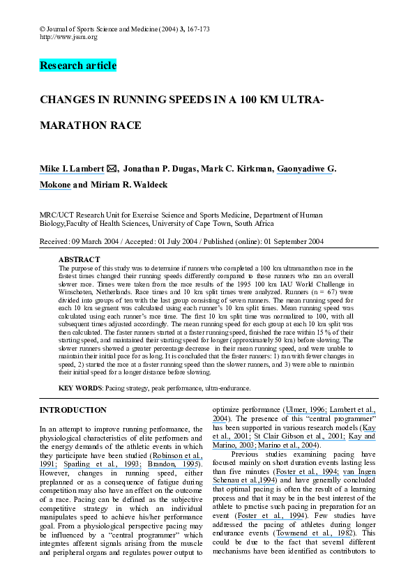 (PDF) Changes in Running Speeds in a 100 KM Ultra-Marathon Race
