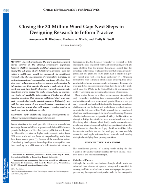 (PDF) Closing the 30 Million Word Gap: Next Steps in Designing Research ...
