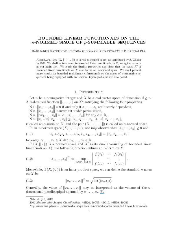 Pdf Bounded Linear Functionals On The N Normed Space Of P Summable Sequences