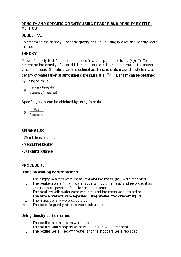(DOC) DENSITY AND SPECIFIC GRAVITY USING BEAKER AND DENSITY BOTTLE METHOD