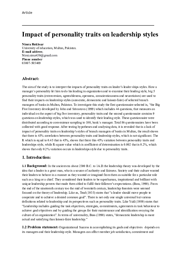 (DOC) Impact of personality traits on leadership styles