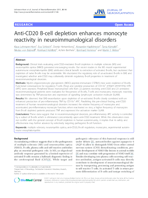 (PDF) B-cell Depletion Enhances Monocyte Reactivity in Neuroimmunity
