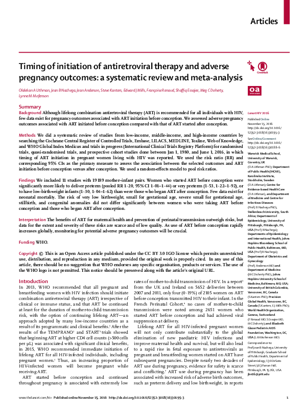 Pdf Timing Of Initiation Of Antiretroviral Therapy And Adverse Pregnancy Outcomes A