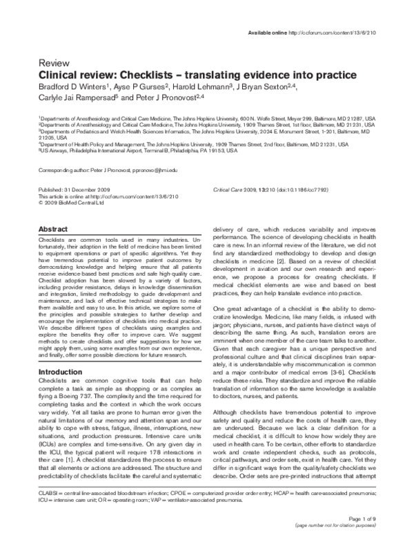 (PDF) Clinical review: Checklists - translating evidence into practice