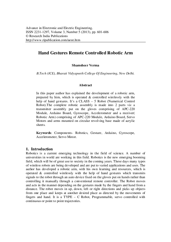 (PDF) Hand Gestures Remote Controlled Robotic Arm