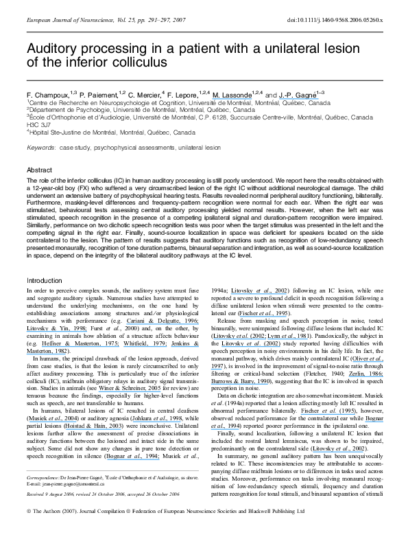 (PDF) Auditory processing in a patient with a unilateral lesion of the ...