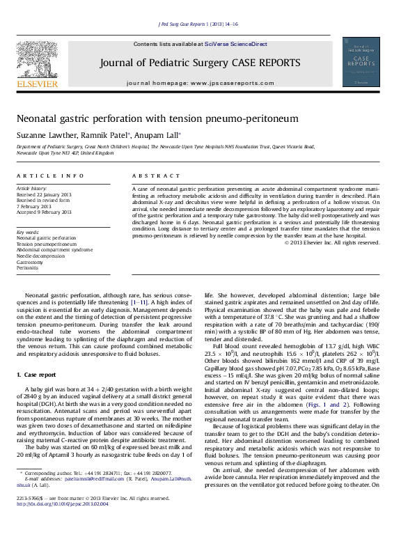 (PDF) Neonatal gastric perforation with tension pneumo-peritoneum