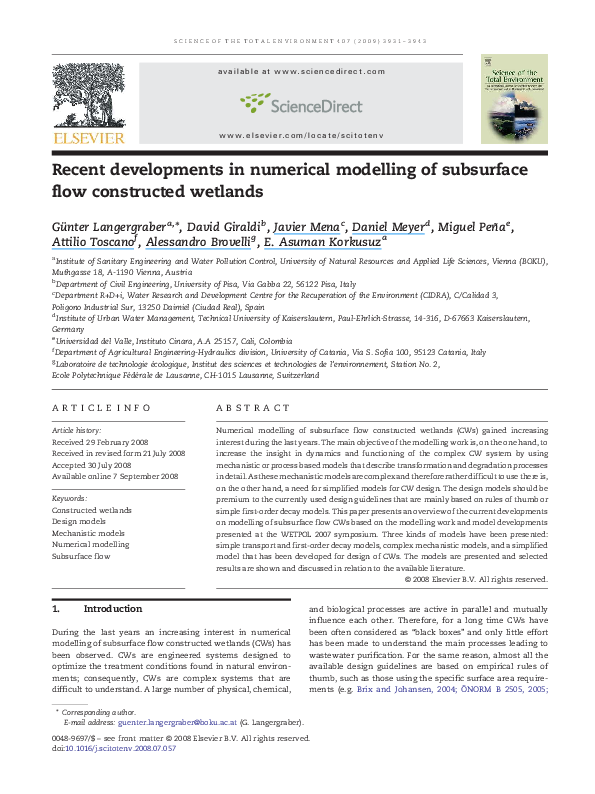 Pdf Recent Developments In Numerical Modelling Of Subsurface Flow Constructed Wetlands