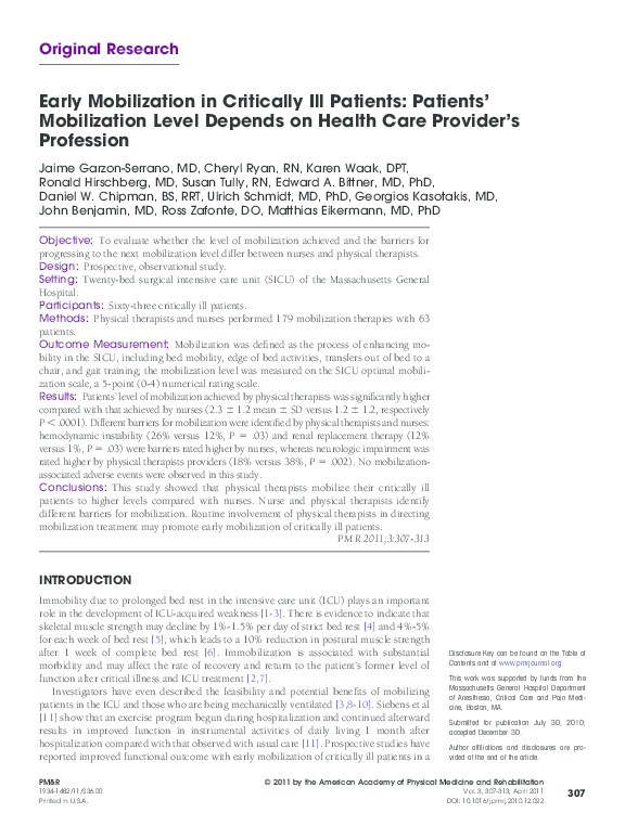 (PDF) Early Mobilization in Critically Ill Patients: Patients' Mobilization Level Depends on ...