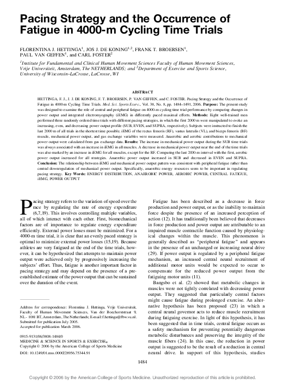 (PDF) Pacing Strategy and the Occurrence of Fatigue in 4000-m Cycling ...