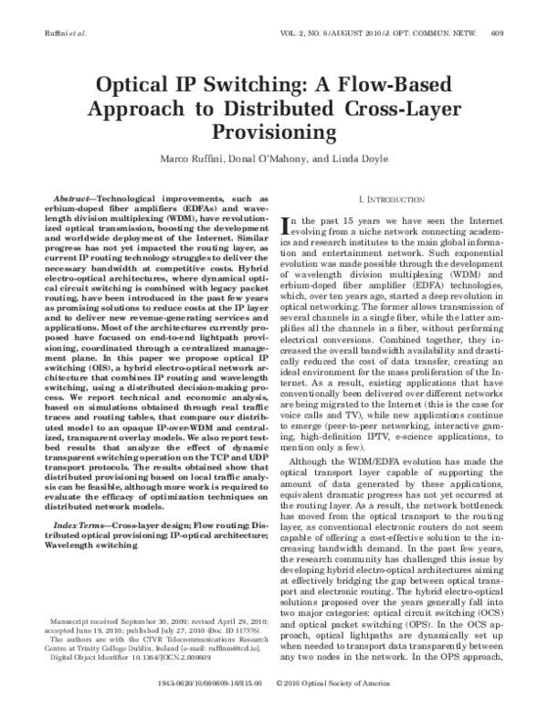 Pdf Optical Ip Switching A Flow Based Approach To Distributed Cross Layer Provisioning