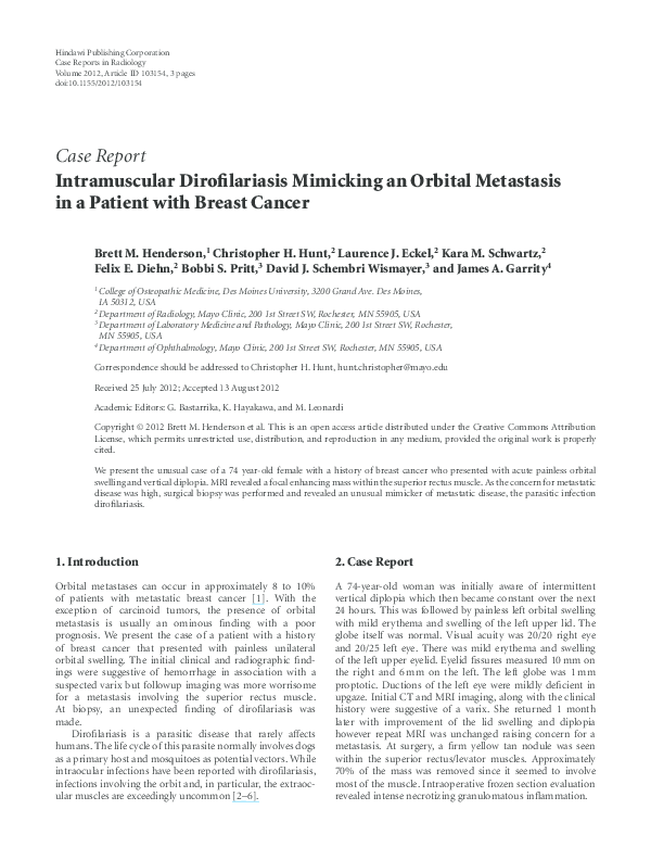(PDF) Intramuscular Dirofilariasis Mimicking an Orbital Metastasis in a Patient with Breast Cancer