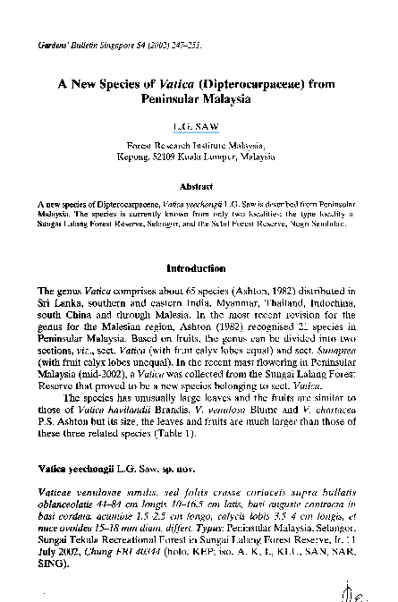 (PDF) A new species of Vatica (Dipterocarpaceae) from Peninsular Malaysia