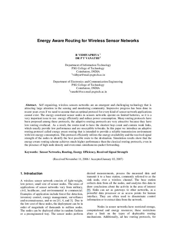 Pdf Energy Aware Routing For Wireless Sensor Networks