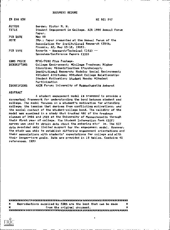 (PDF) Student Engagement in College. AIR 1988 Annual Forum Paper