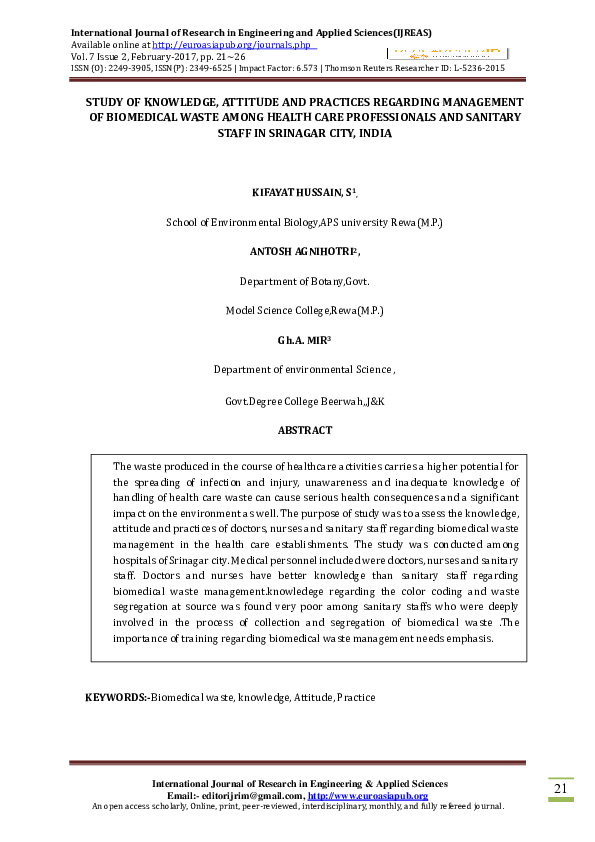 (PDF) STUDY OF KNOWLEDGE, ATTITUDE AND PRACTICES REGARDING MANAGEMENT OF BIOMEDICAL WASTE AMONG ...