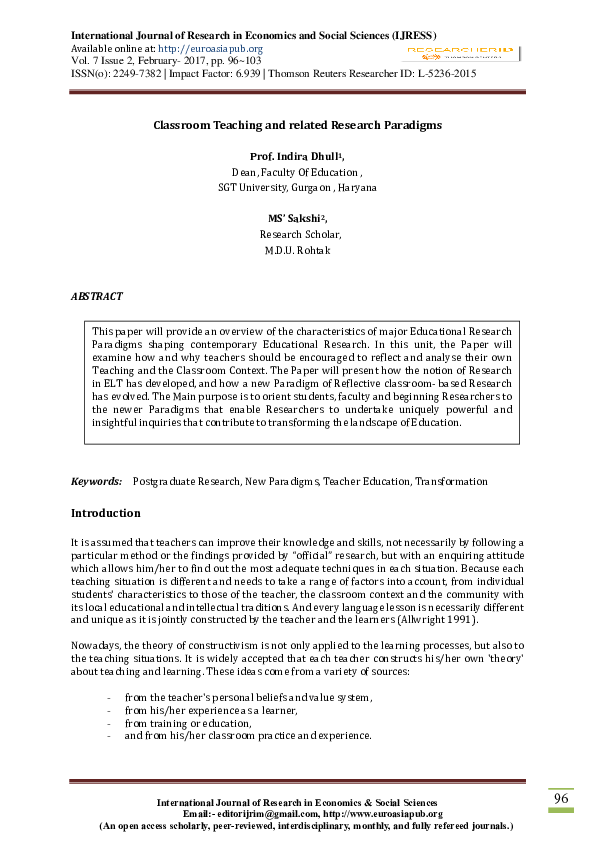 (PDF) Classroom Teaching and related Research Paradigms