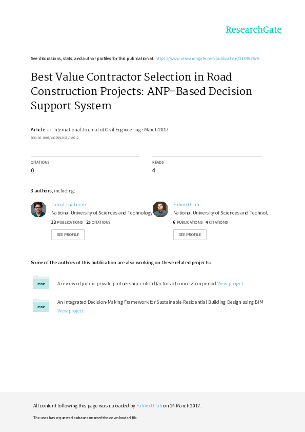 (PDF) Best Value Contractor Selection in Road Construction Projects: AN ...