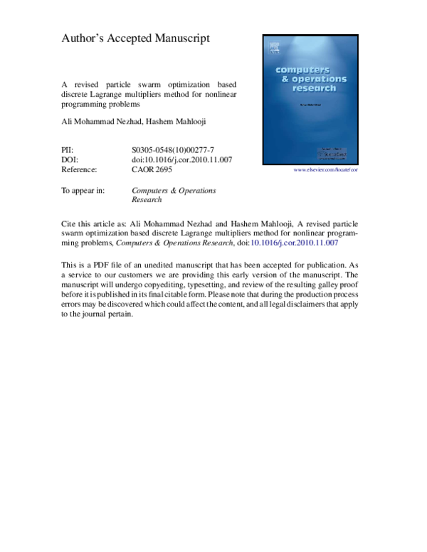 Pdf A Revised Particle Swarm Optimization Based Discrete Lagrange Multipliers Method For