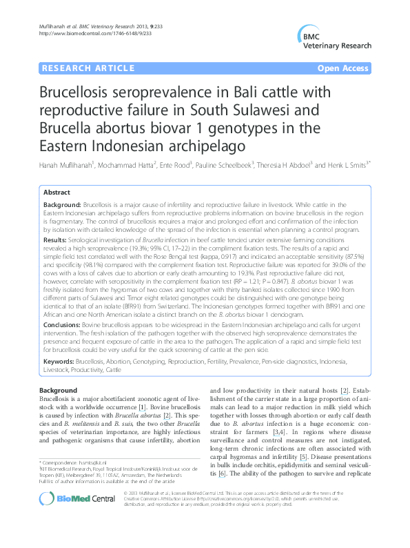 (PDF) Brucellosis seroprevalence in Bali cattle with reproductive failure in South Sulawesi and ...