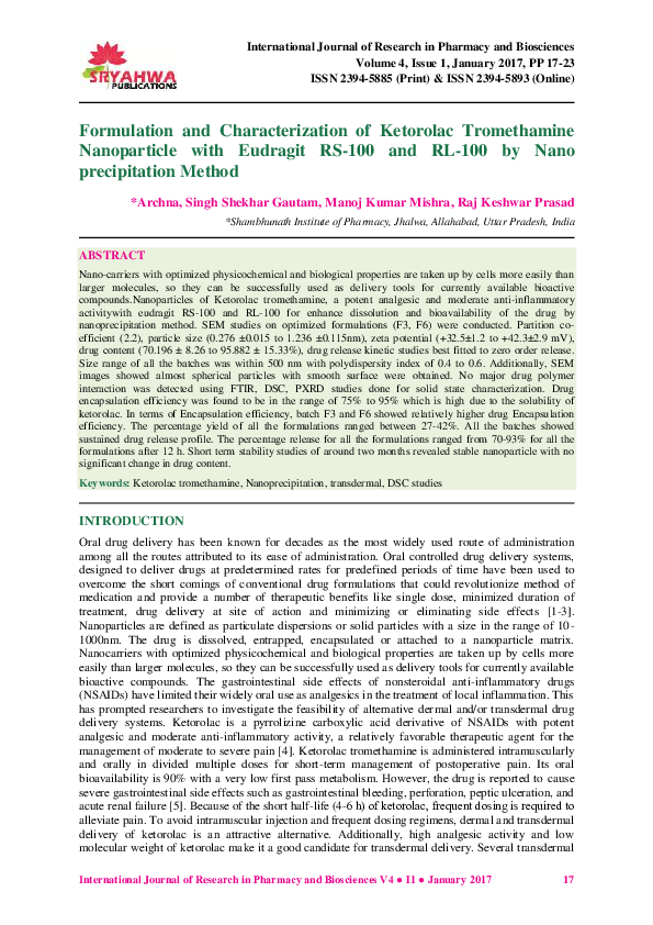 Pdf Formulation And Characterization Of Ketorolac Tromethamine Nanoparticle With Eudragit Rs