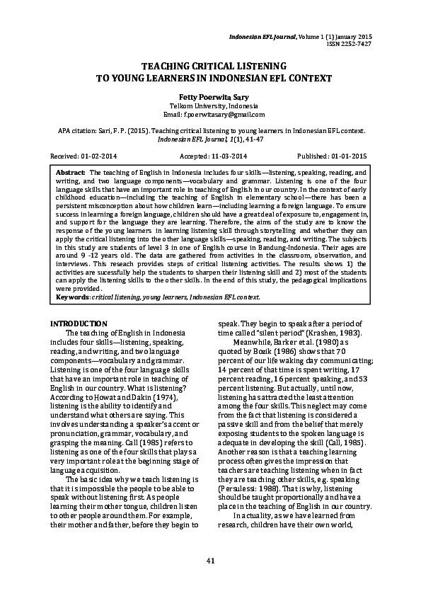 Pdf Teaching Critical Listening To Young Learners In Indonesian Efl Context