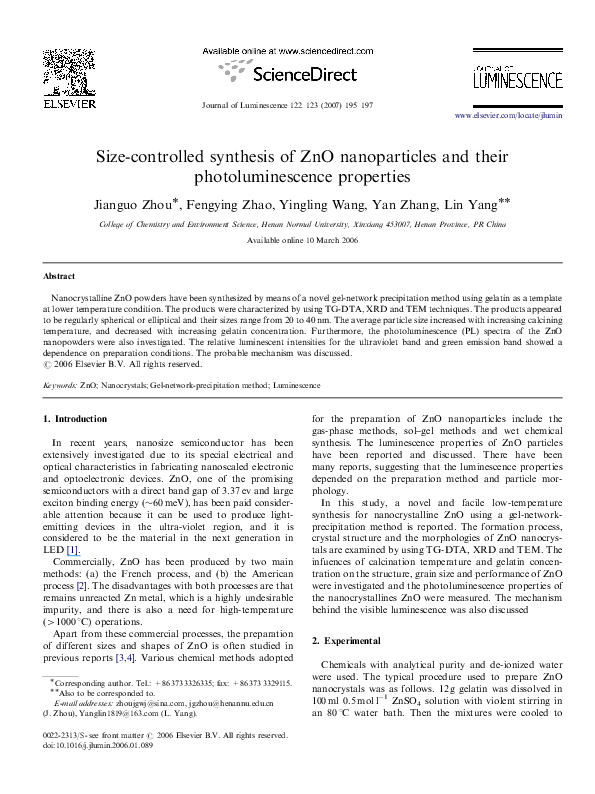 (PDF) Size-controlled synthesis of ZnO nanoparticles and their photoluminescence properties