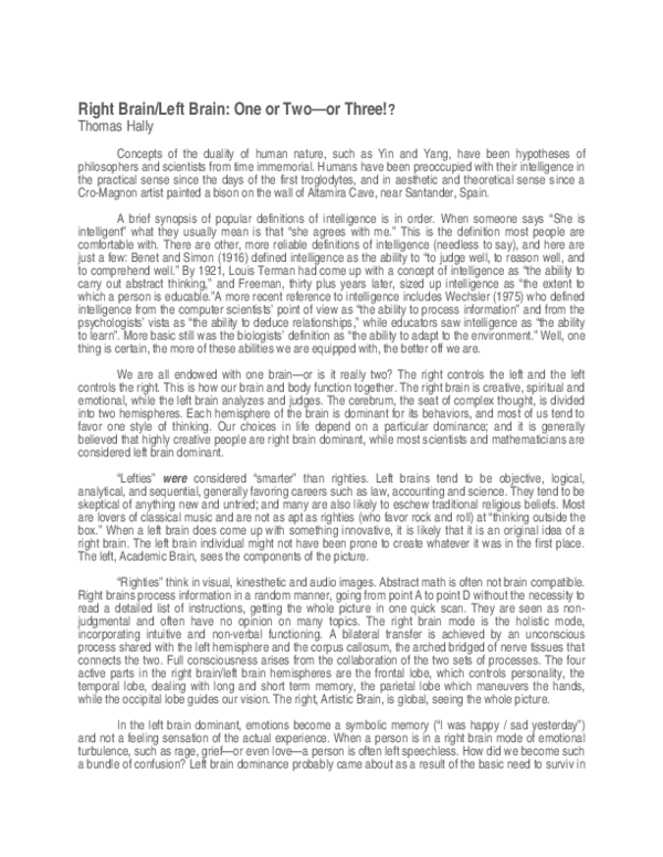 (PDF) Right Brain, Left brain -- One, Two --Or Three!?