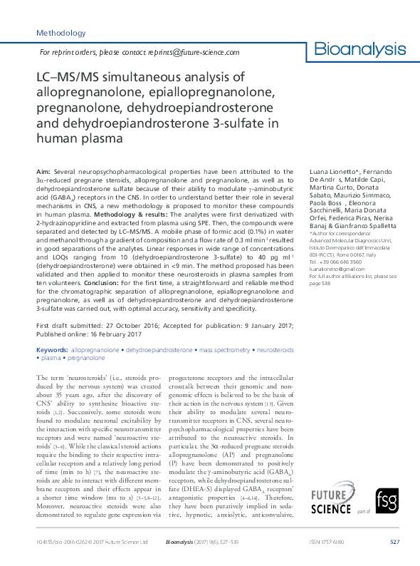 (PDF) LC–MS/MS simultaneous analysis of allopregnanolone, epiallopregnanolone, pregnanolone ...