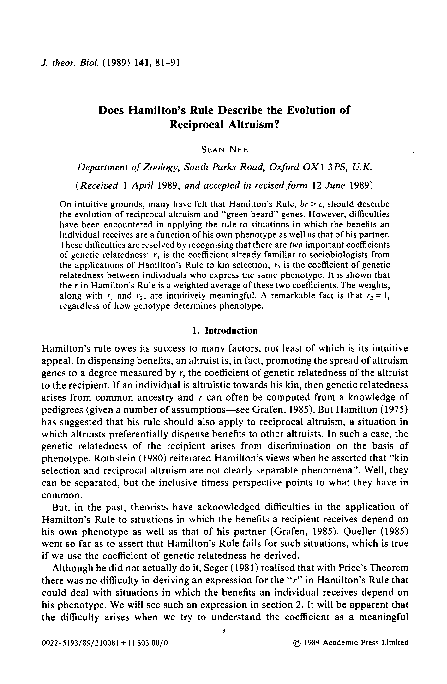 (PDF) Does Hamilton's Rule Describe the Evolution of Reciprocal Altruism