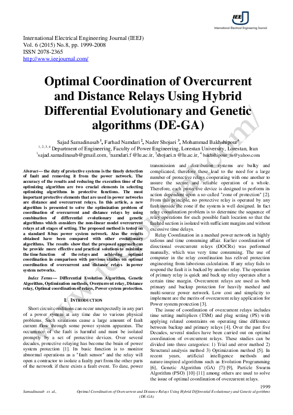 Pdf Optimal Coordination Of Overcurrent And Distance Relays Using Hybrid Differential