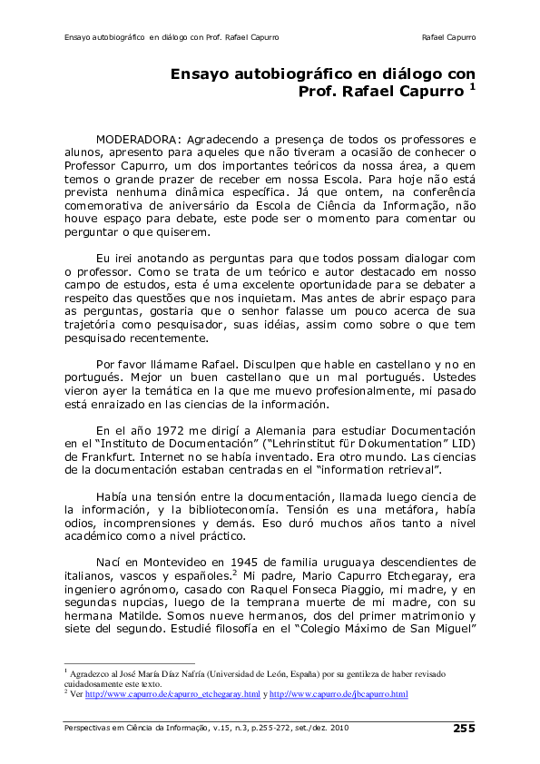 (PDF) Ensayo autobiográfico en diálogo con Prof. Rafael Capurro ...