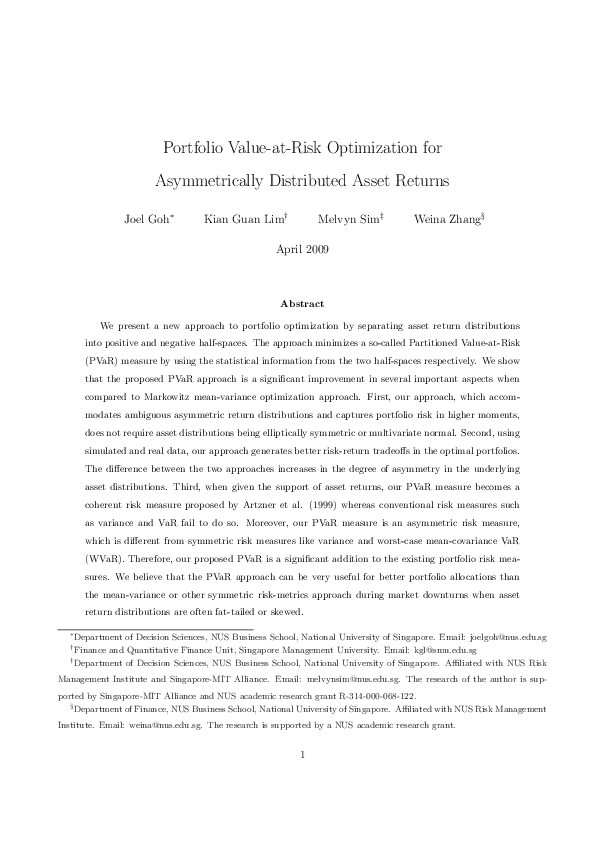 (PDF) Portfolio value-at-risk optimization for asymmetrically distributed asset returns