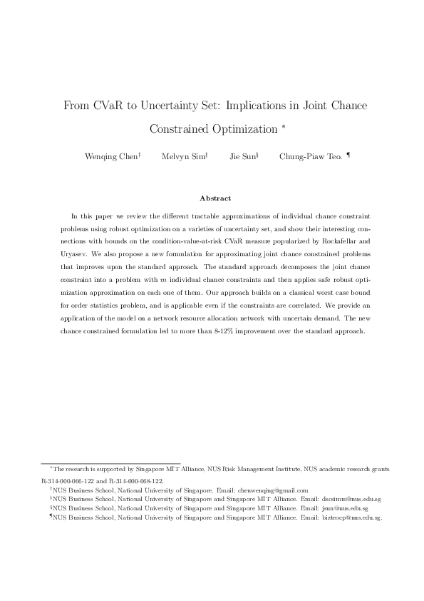 (PDF) From CVaR to Uncertainty Set: Implications in Joint Chance-Constrained Optimization