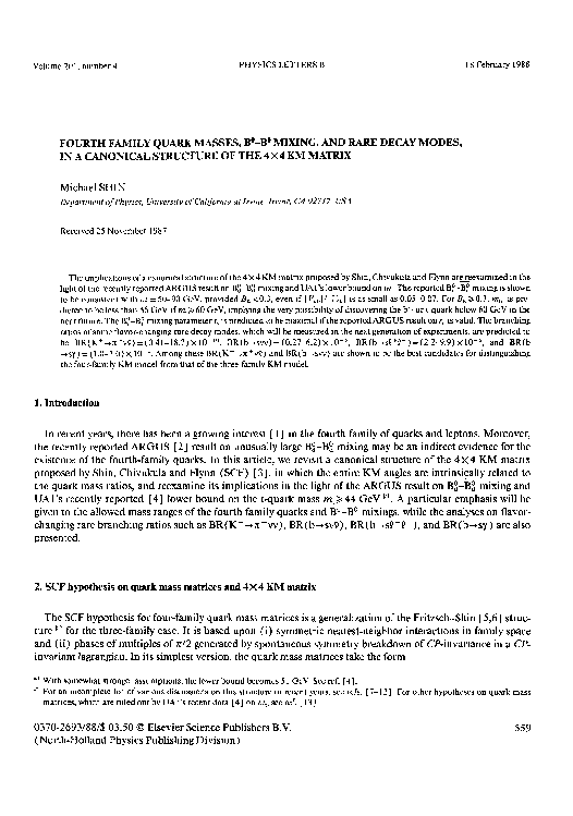 (PDF) Fourth family quark masses, B0 mixing, and rare decay modes, in a ...