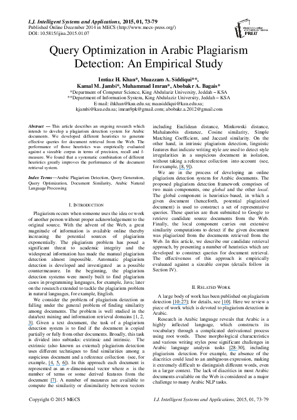 (PDF) Query Optimization in Arabic Plagiarism Detection: An Empirical Study