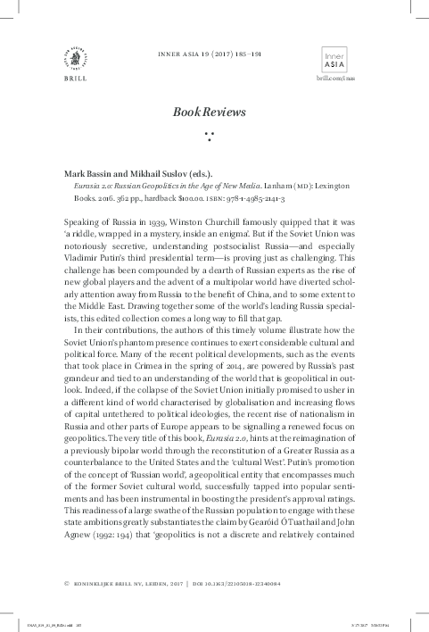 (PDF) Review of Eurasia 2.0, eds. Mark Bassin & Mikhail Suslov