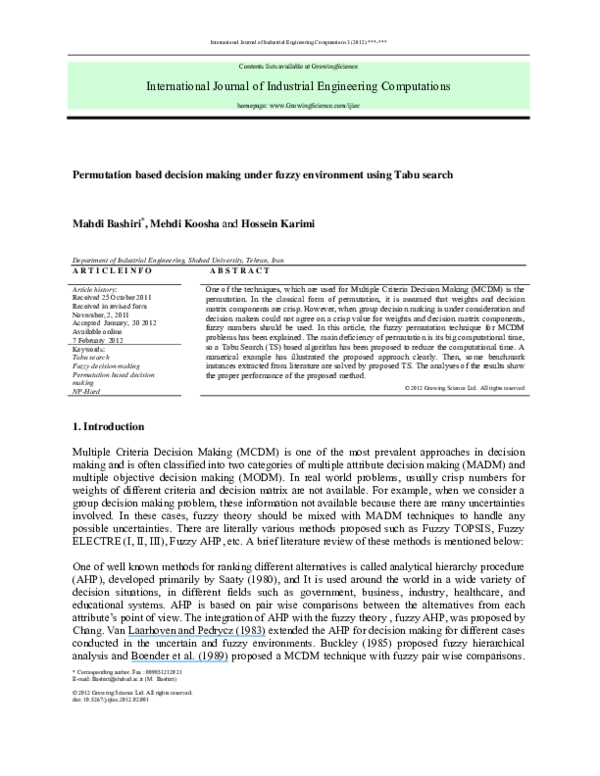 Pdf Permutation Based Decision Making Under Fuzzy Environment Using