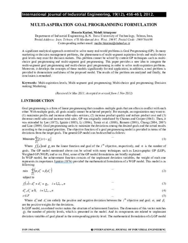(PDF) Multi-Aspiration Goal Programming Formulation
