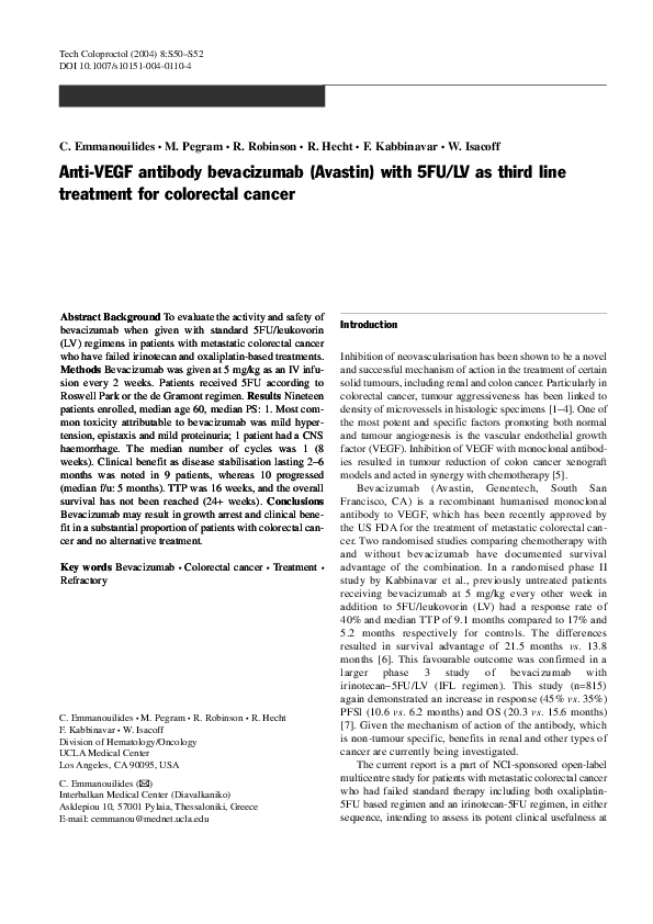 (PDF) Anti-VEGF antibody bevacizumab (Avastin) with 5FU/LV as third ...